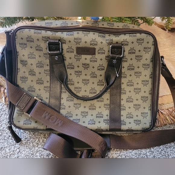 MCM | Bags | Mcm Tan And Brown Monogram Visetos Canvas Leather Laptop ...